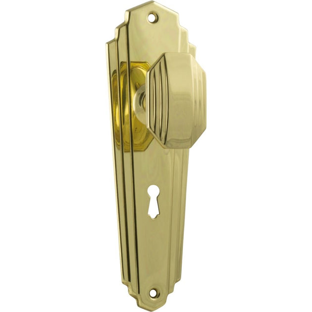 Door Knob Elwood Art Deco Lock Pair Polished Brass | Paddington Hardware